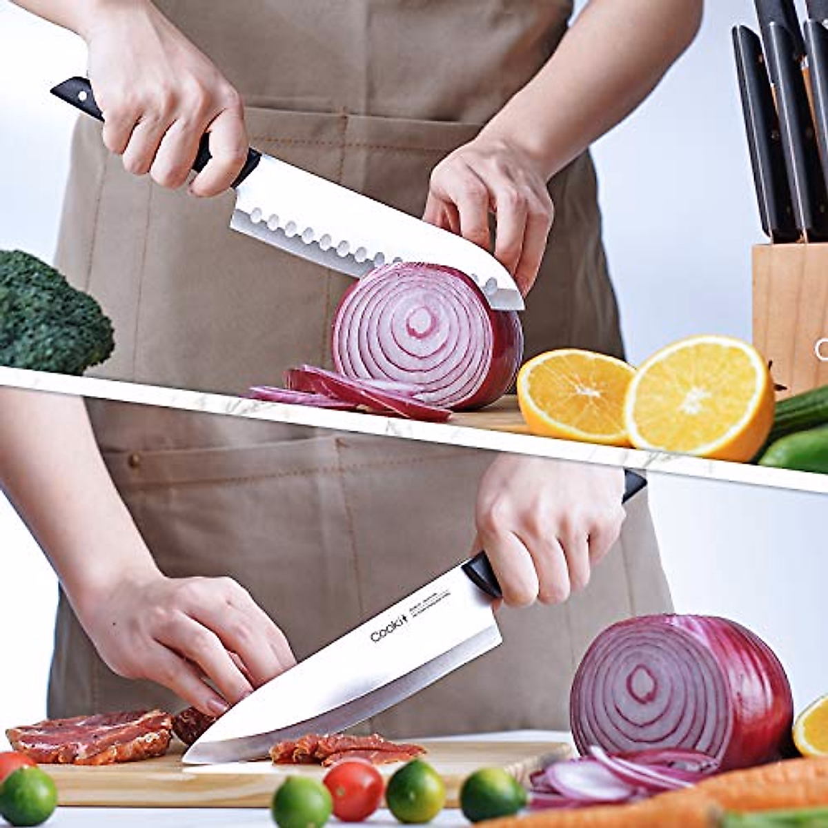 Knife Sets with Block, 15-Piece Kitchen Knife Set with Sharpener, Germany Stainless Steel Knife Block Set and Serrated Steak Knives