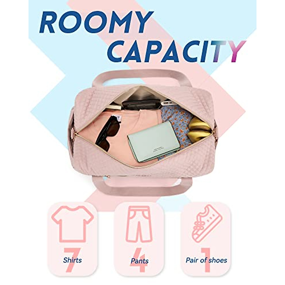 Travel Duffle Bag, BAGSMART 31L Quilted Weekender Overnight Bag for Women, Large Carry On Airport Bag with Wet Pocket & Shoe Bag for Travel, Business Trips, Sports (Pink-Basic version)