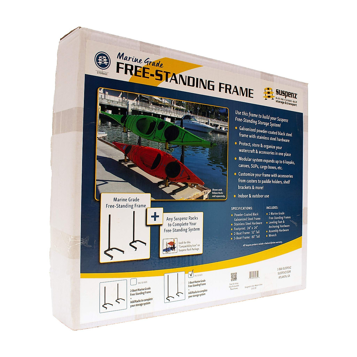 Suspenz Kayak Storage Rack, 2-Boat Free Standing Kayak, Canoe, SUP Rack, Marine Grade Black, 48" x 24"