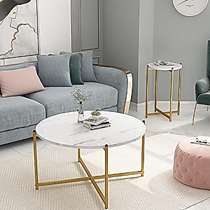 AWQM Faux Marble Coffee Table Set of 3, 1 Coffee Table & 2 Sofa Table, Round Tabletop and Metal Cross Base Frame,Perfect for Living Room Apartment, White & Gold