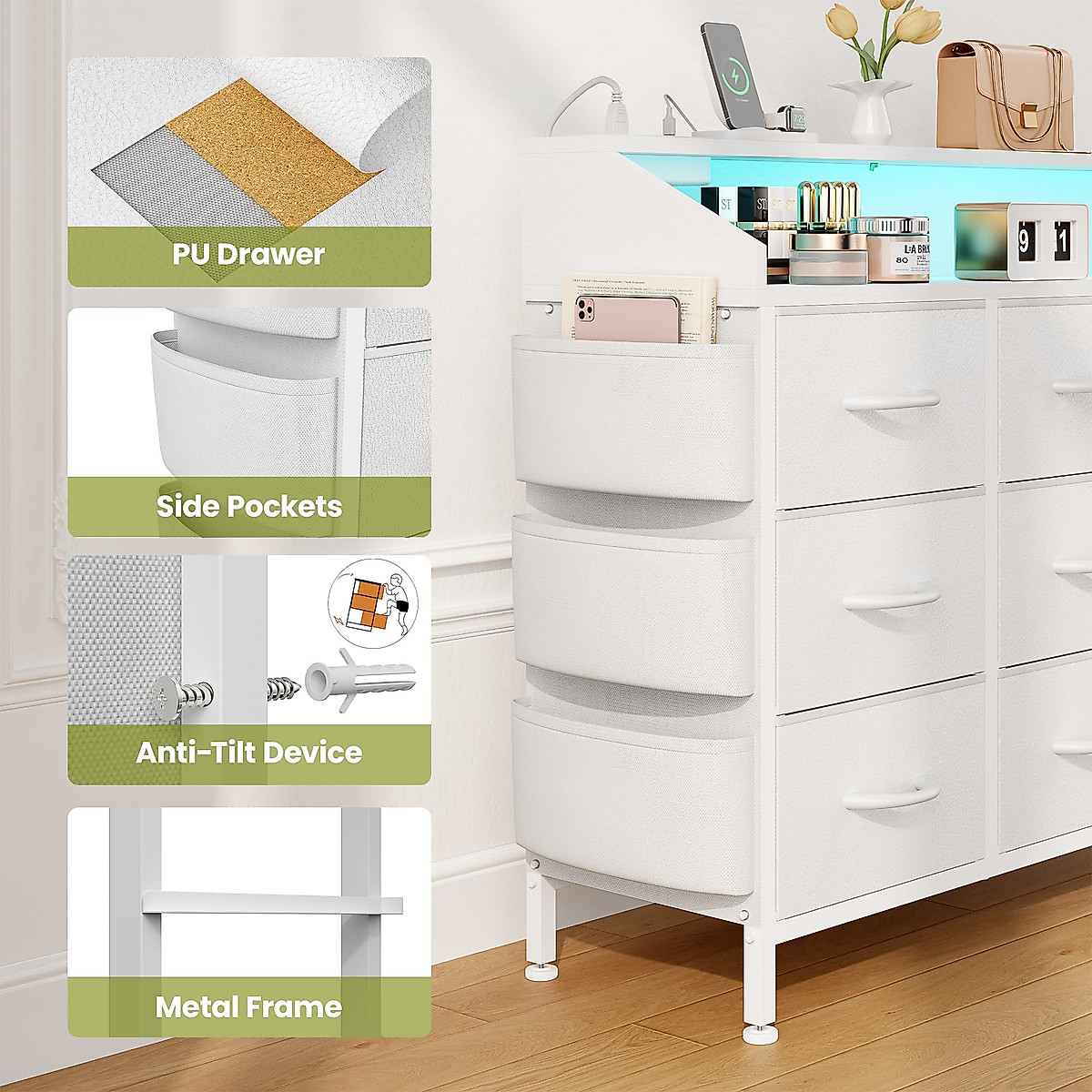 Lulive White Dresser for Bedroom 9 Drawers - Fabric Dressers for Bedroom with LED Light & Charging Station - Adults Chest of Drawers for Living Room Hallway Closet Nursery (White)