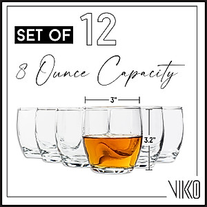Vikko 8.3 Ounce Drinking Glasses | Thick and Durable Glass – For Water, Juice, Soda, or Wine – Dishwasher Safe – Set of Twelve Small Clear Glass Tumblers – 2.9” Diameter x 3.2” Tall