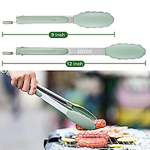 EEKEDO Kitchen Tongs, Stainless Steel Silicone Tongs for Cooking 600ºF High Heat-Resistant BBQ Grilling Locking Tongs, Set of 2-9" and 12" Light Green