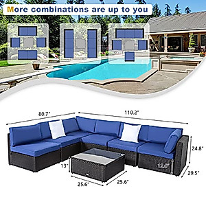 Kinfant Outdoor Patio Furniture Set Wicker Conversation Set - PE Rattan Sectional Sofa with Glass Table and Cushions for Garden Poolside Porch Balcony (Dark Blue)
