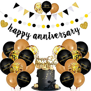 Happy Anniversary Decorations, Glitter Gold Black Happy Wedding Anniversary Decorations Sets with Banner, Cake Topper, Glitter Hanging and Balloons for All Ages' Anniversary Party Decorations