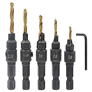 Rowiz 5Pcs Countersink Drill Bits, 1/4 Inch Hex Shank HSS Countersink Drill Bit Set, 5#6#8#10#12 Wood Drill bit with Allen Wrench Tool Set