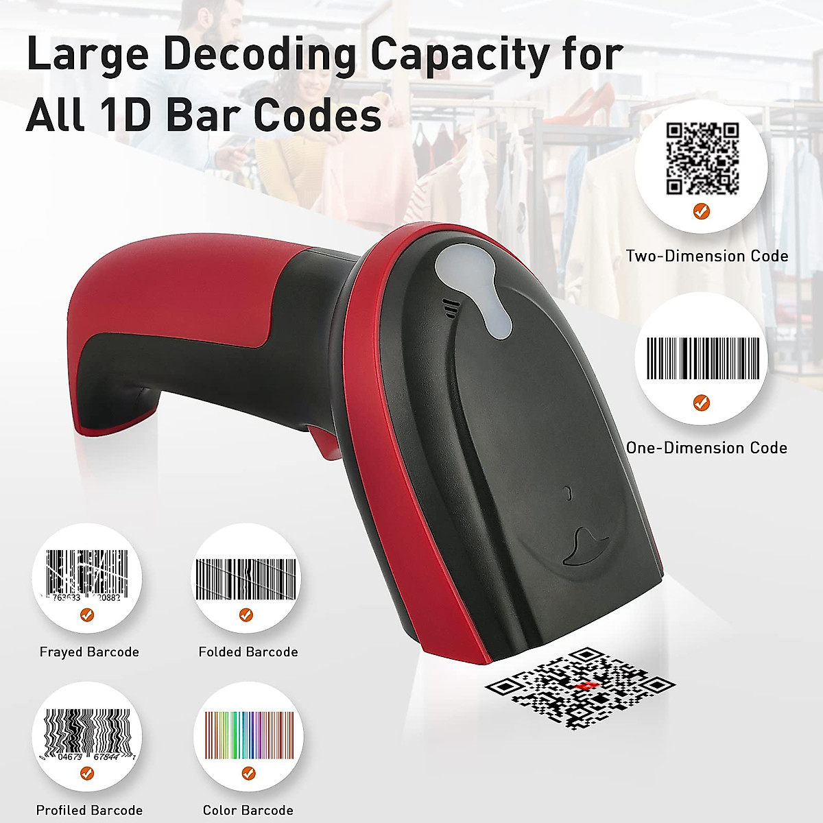 Barcode Scanner Wired,JRHC 2D Bar Code Reader Automatic QR 1D Bar Code Scanner Support Windows Mac and Linux with USB Cable for Pos Mobile Payment, Convenience Supermarket, Store, Warehouse, Library