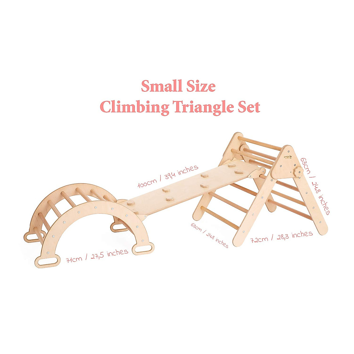 smartwoodstore Set of Three Items Foldable Triangle + Climbing Ramp + Arch Triangle with ramp Indoor Playground Climbing Furniture Montessori Toddler (Small Size)