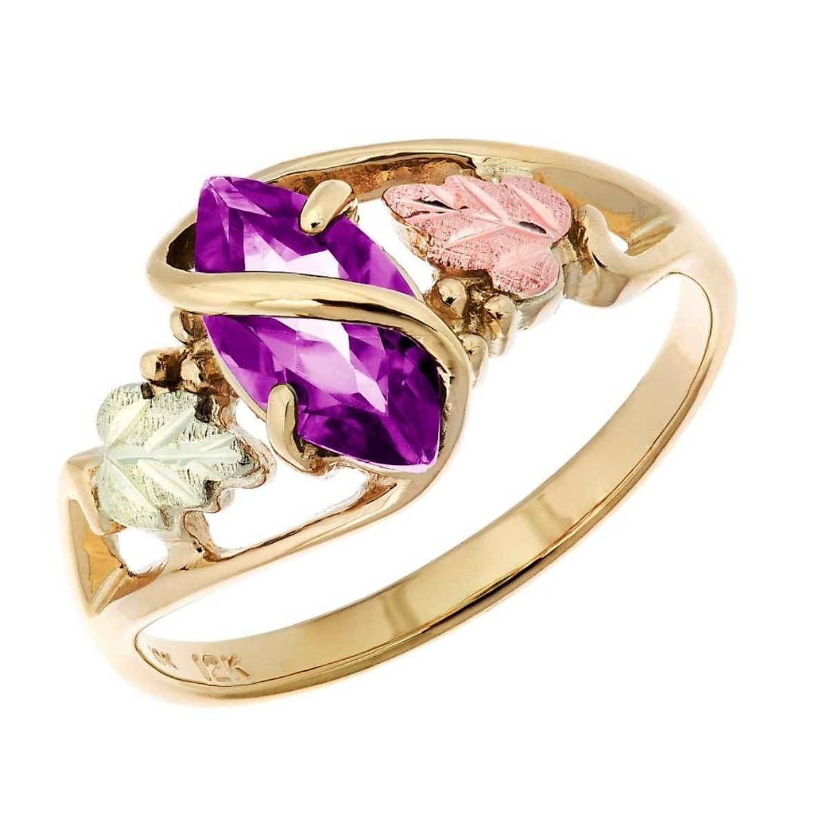 Amethyst Marquise Petite Leaf Ring, 10k Yellow Gold, 12k Green and Rose Gold Black Hills Gold Motif, Size 10.75