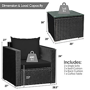 DORTALA 3 Pieces Patio Furniture Set, Outdoor Rattan Sofa Set with Cushions, Tempered Glass Tabletop, Wicker Conversation Furniture Set for Backyard, Garden, Poolside, Balcony, Black