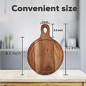 Wood Pizza Peel Round Cutting Board for Kitchen Cheese Paddle Board Bread &Crackers Platter for Serving & Minor Food Prepare with Handle & Side Grooving (12 Inches)