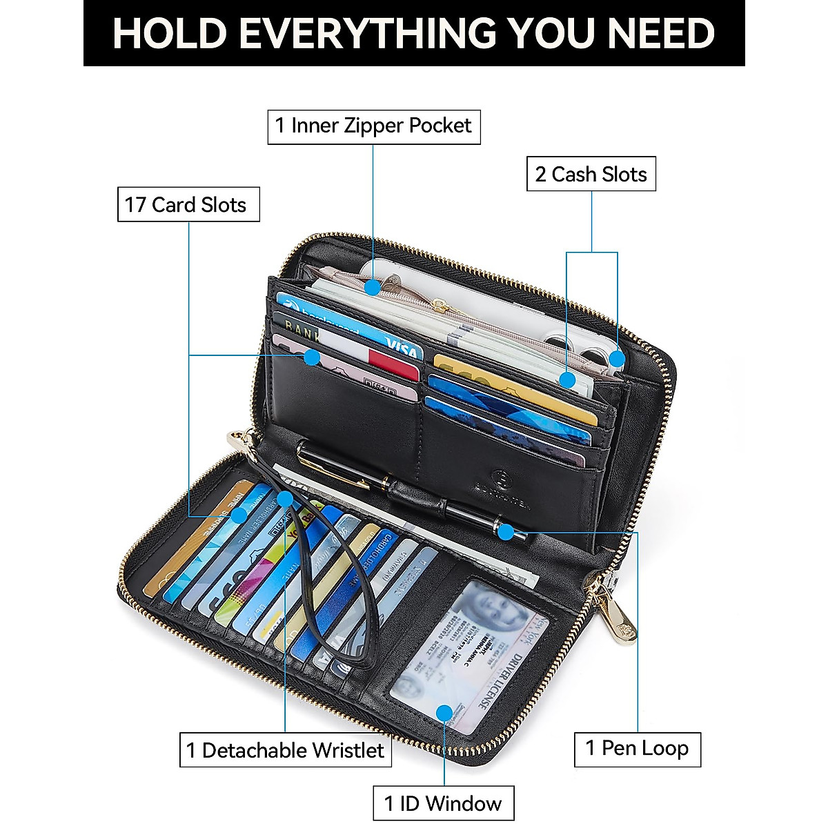 BOSTANTEN Leather Wallet for Women RFID Blocking Zip Around Credit Cards Holder Phone Clutch Leopard Black