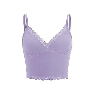 MakeMeChic Women's Y2K Lace Trim V Neck Sleeveless Cami Crop Top Camisole Lilac Purple XS