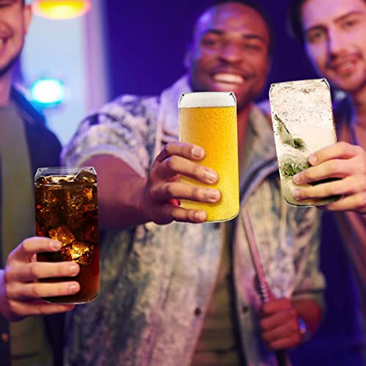 8 Pack 20oz Drinking Glasses Iced Coffee Cups Glass Beer Cups Tumbler Glass with Bamboo Lids and Straws Glasses Cups Can Shaped Glass Gups Large Drinking Can Cups for Smoothies Boba Juice Soda Tea