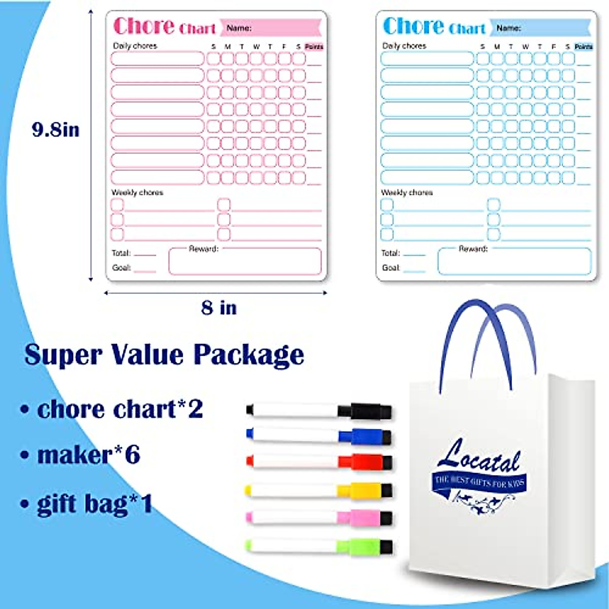 LOCATAL Magnetic Chore Chart, 2 Pcs Dry Erase Behavior Charts & 6 Markers, Reward Chart for Multiple Kids Teens Adults Family, Daily Responsibility Rewards Whiteboard for Fridge School Home Supplies