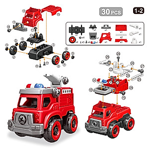 4-in-1 Take Apart Toys Truck with Electric Drill, DIY Assembly Fire Truck Toy Vehicles, Kids STEM Building Educational Cars Toys, Birthday Gifts for Age 3 4 5 6 7 8 Years Old Boys Girls