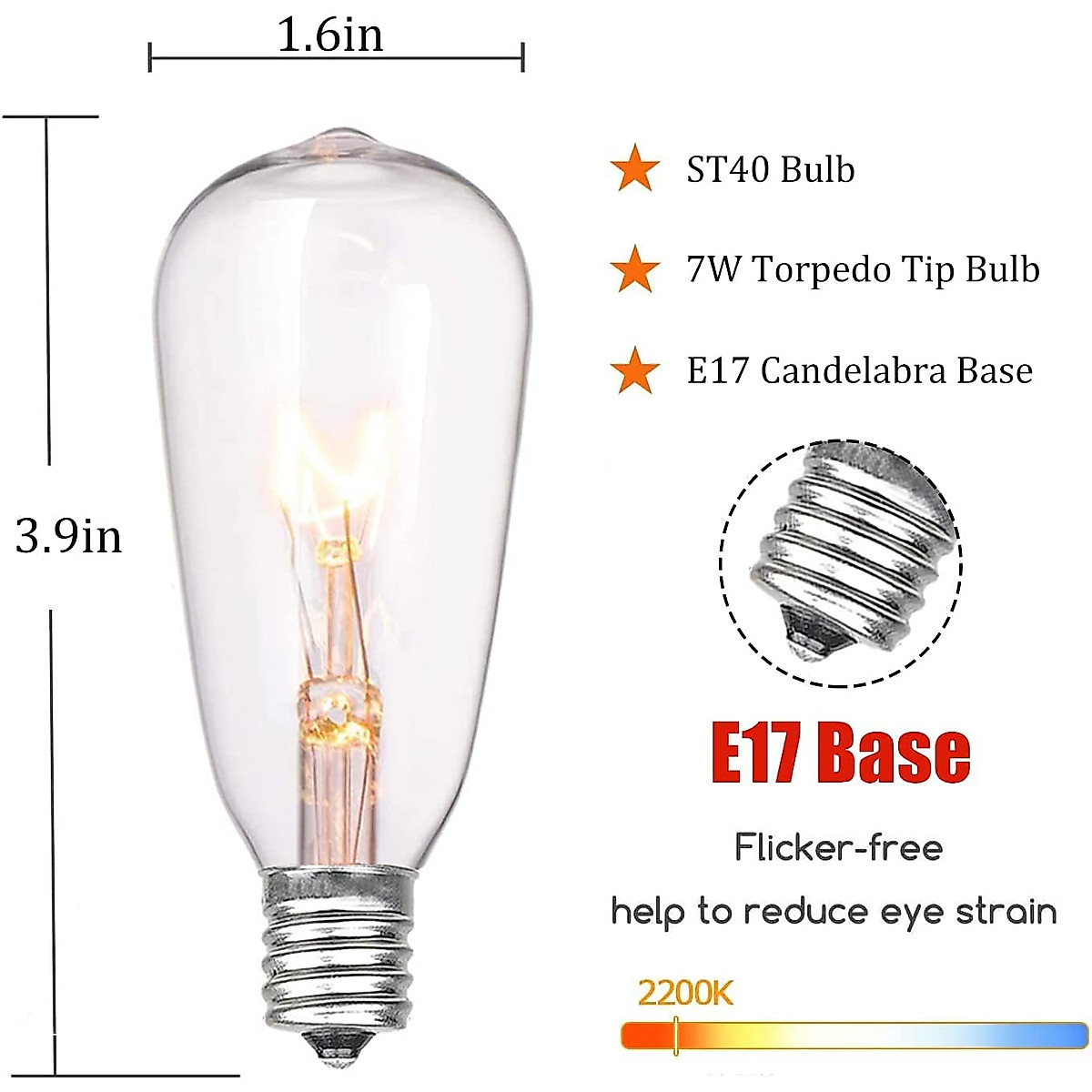 10 Pack Edison Light Bulbs, ST40 Clear Glass Light Bulb Replacement, 7W E17 Screw Base Light Bulbs for Outdoor String Lights Patio Backyard Decor, Warm White