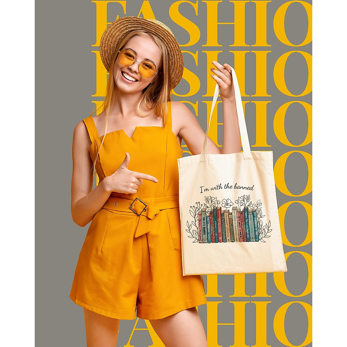 AUSVKAI Canvas Tote Bag Aesthetic Cute For Women Y2K Book College Grocery Bag Cotton Cloth Beach Totes Gift For-I'm with Banned Book