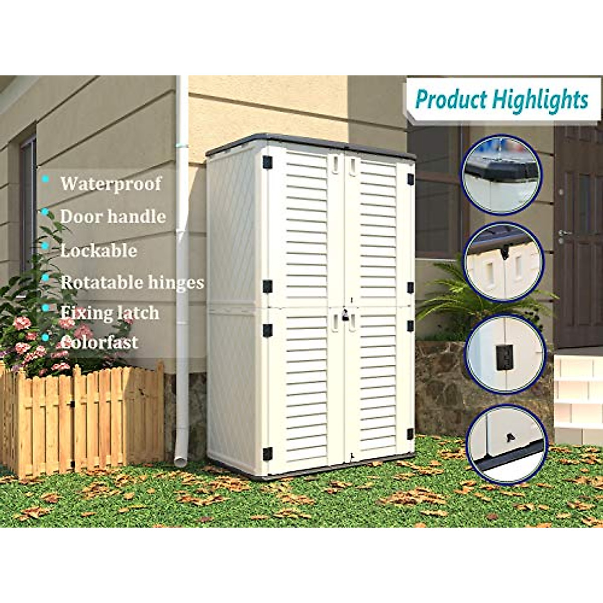 HOMSPARK Vertical Storage Shed Weather Resistance, Double-layer Outdoor Storage Cabinet Multi-purpose for Backyards and Patios Accessories, (50 in. L x 29 in. W x 82 in. H, 52 Cubic Feet, Cream White)