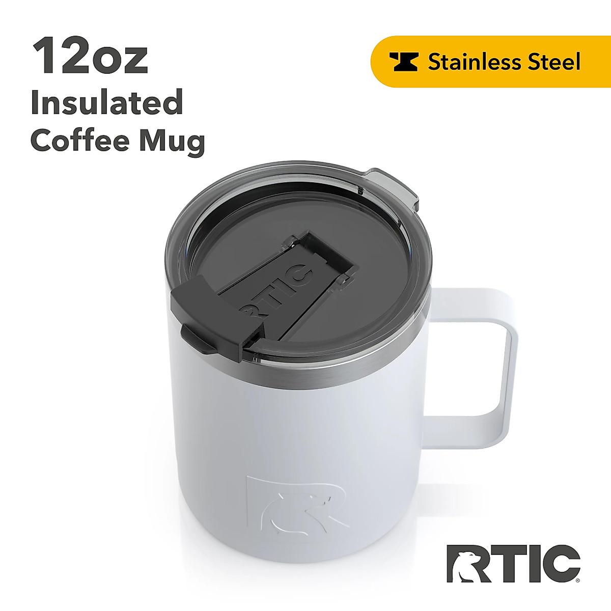 RTIC Coffee Mug with Handle, 12 oz, White, Portable Travel Thermal Camping Cup, Vacuum-Insulated with Lid, Stainless Steel, Sweat Proof, Keeps Hot & Cold Longer