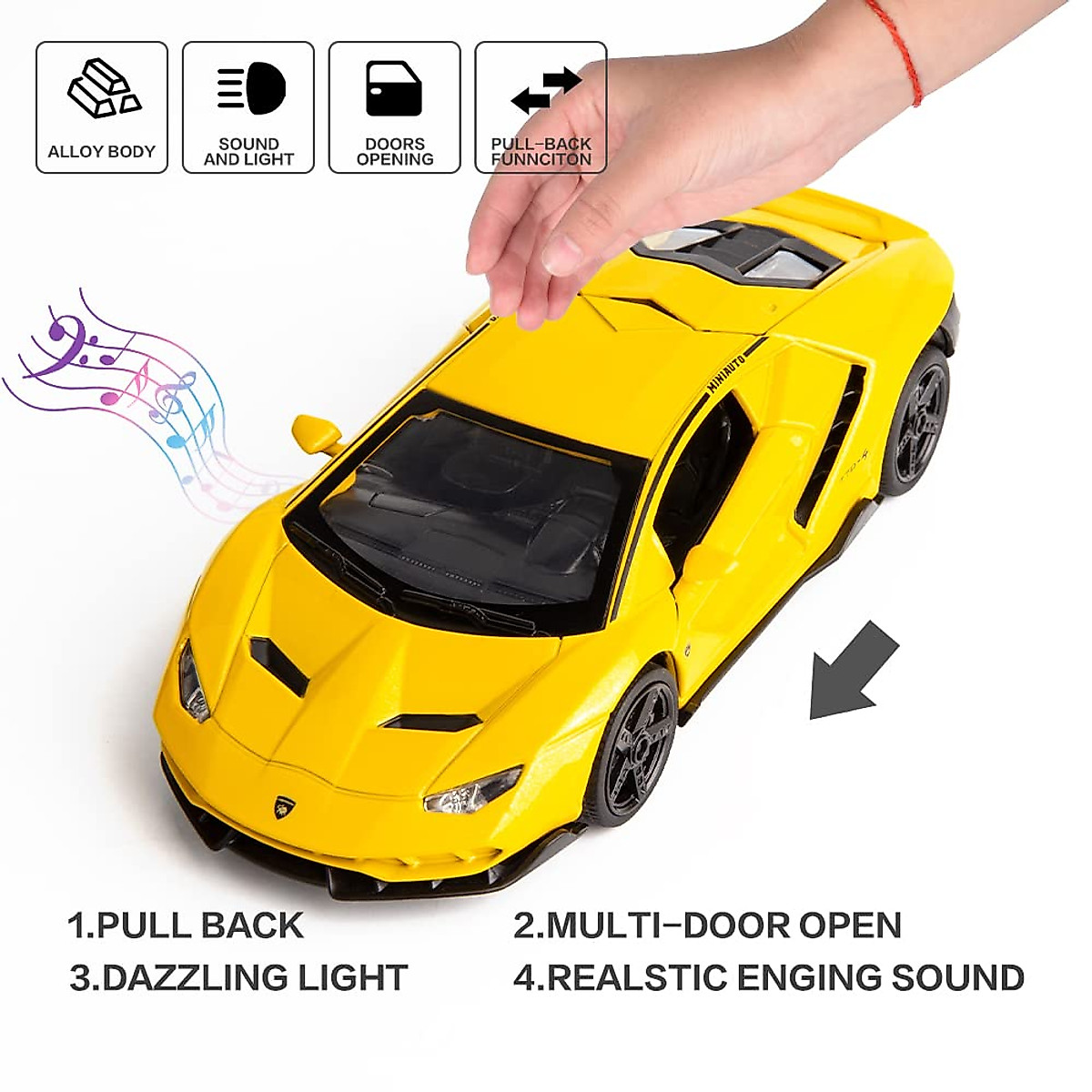 WAKAKAC Model Car Compatible for 1/32 Lambor LP770 Pull Back Toy Car Alloy Toy Vehicle with Light and Sound Music Car for Kids Boys Girls Birthday Gift(Yellow)