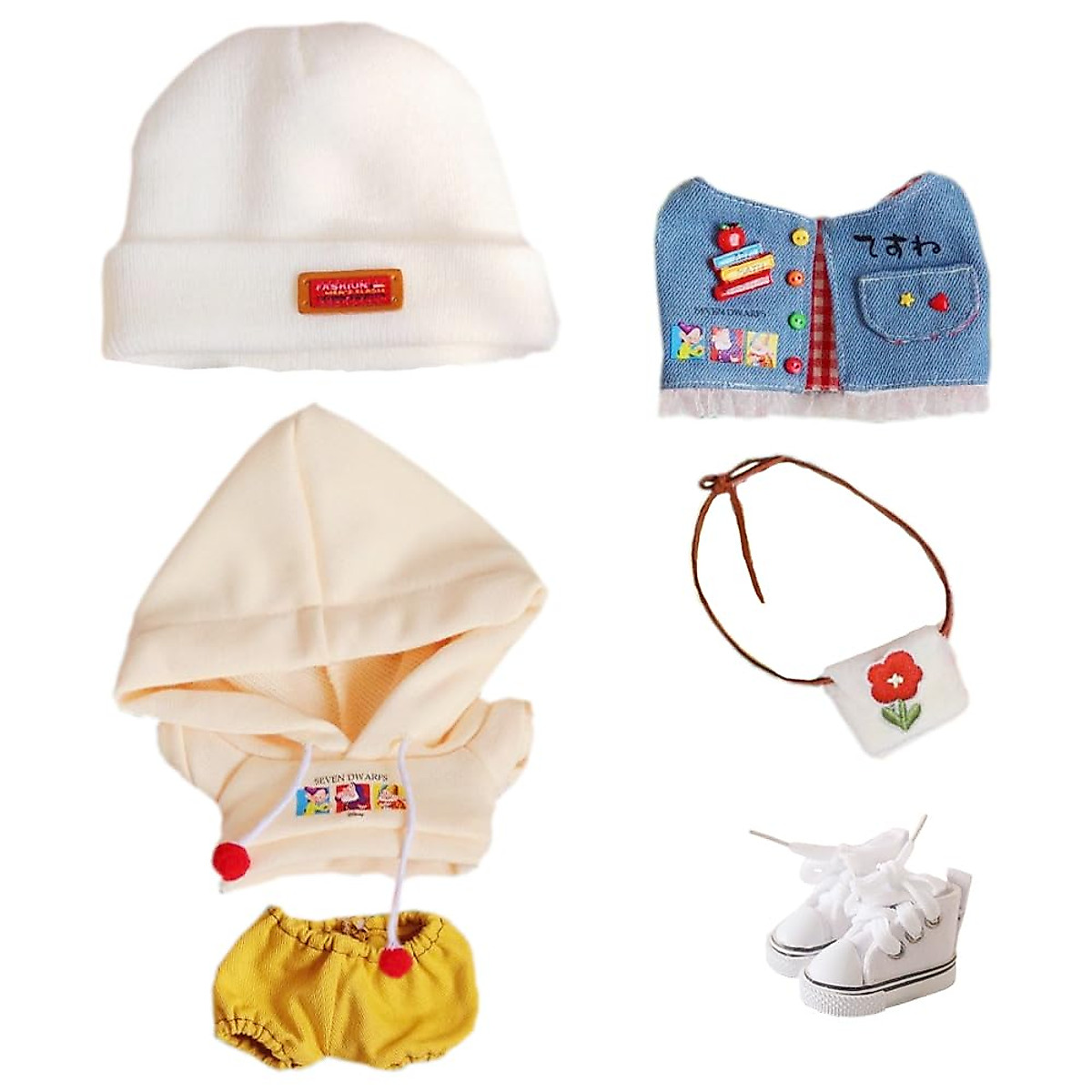 niannyyhouse 10cm Plush Doll Clothes Little Red Flower Set Elasticity Hat Hoodie Pants Vest Backpack Canvas Shoes Soft Stuffed Plush Toy Dress Up (10cm)