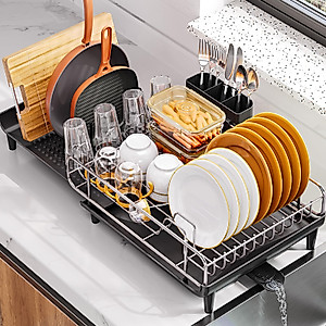 TOOLF Expandable Dish Drying Rack - Extendable Dish Rack for Kitchen Counter, Large Collapsible Countertop Dish Drainer with Pan & Pot Holder, Stainless Steel Dish Strainer with Cup & Utensil Holder