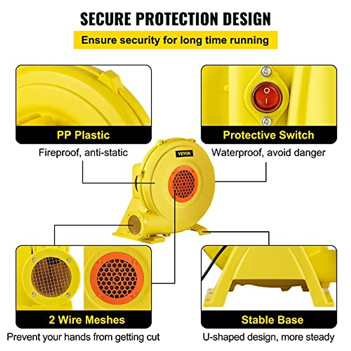 VEVOR Air Blower, 750W 1HP Inflatable Blower, Portable and Powerful Bounce House Blower, 2000Pa Commercial Air Blower Pump Fan, Used for Inflatable Bouncy Castle and Jump Slides, Yellow