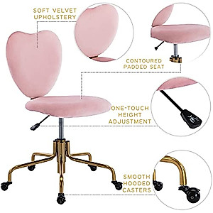 Wahson Velvet Upholstered Cute Home Office Desk Chair Armless, Modern Comfy Office Swivel Fabric Vanity Makeup Chair with Heart Shape Back, for Living Room, Bedroom, Rose Pink
