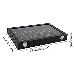 Wudygirl 20 Hooks Necklace Tray Storage Box Jewelry Display Stackable Glass Top Lockable Black Velvet Boxes(Necklace Box)