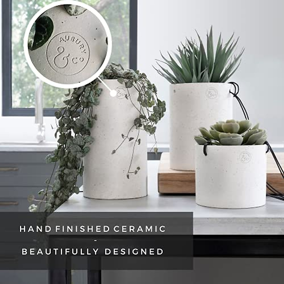 AUBURY Hanging Planter for Indoor Plants - Set of 3 Ceramic Hanger Planters, Succulent Hanging Plant Pots, Hanging Plant Holders for Indoor Outdoor, Hanging Plant Decor 3 Pack, Patented Design D887822