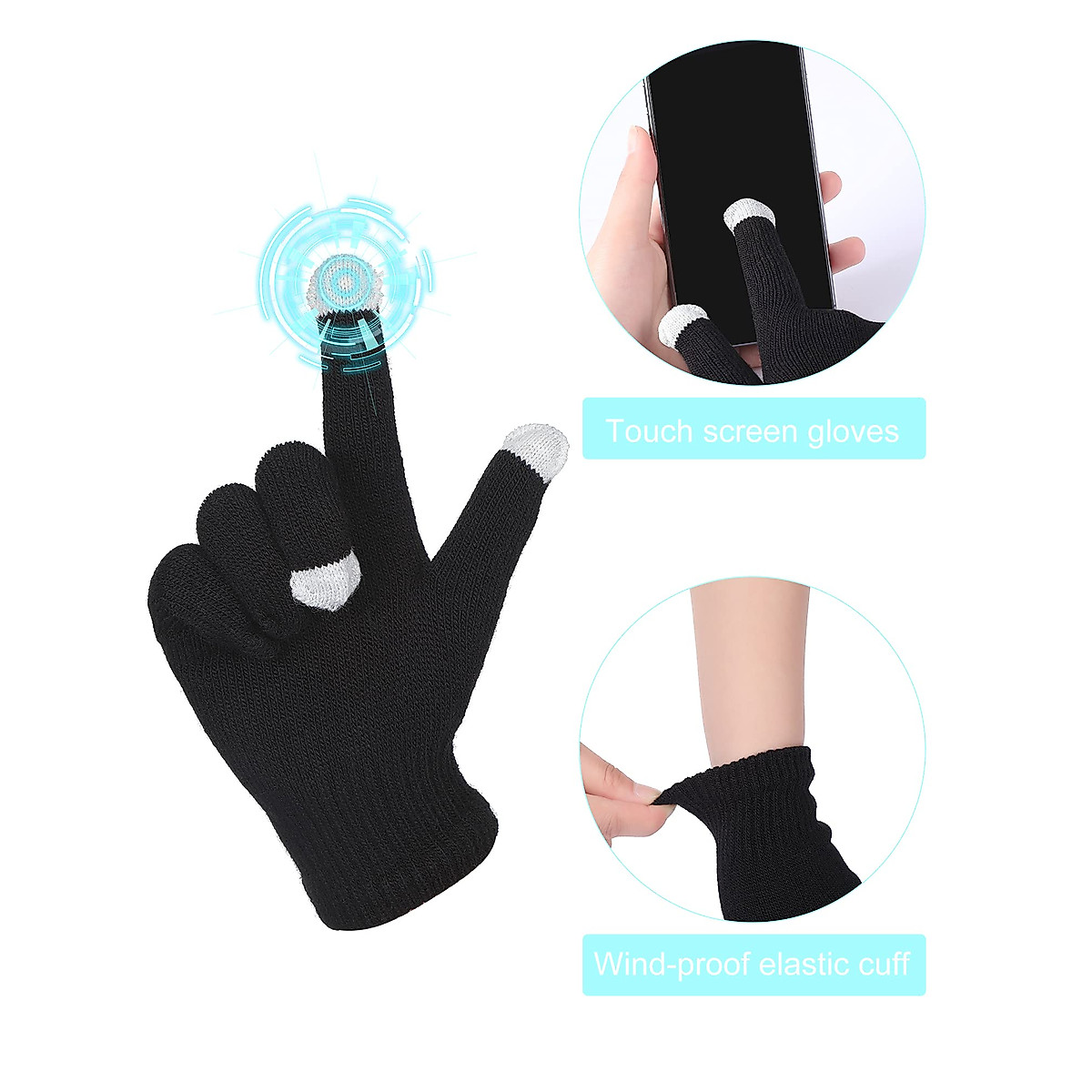 4 Pieces Womens Winter Satin Lined Knit Pom Beanie Hats Touchscreen Gloves Set