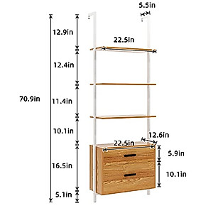 SogesHome Industrial Wall-Mounted Ladder Shelf with Cabinet, 4-Tier Bookshelf with Metal Frame, Storage Display Shelf with 2 Drawers for Living Room, Office, Bedroom, Bathroom, Kitchen