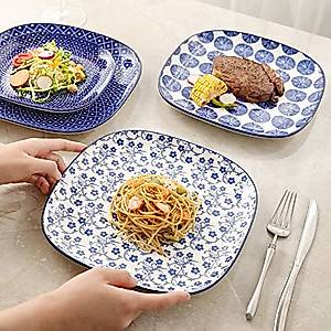 Selamica Porcelain Square Dessert Salad Pasta Plates 7.6 inches ceramic plates set of 6 microwave/dishwasher/oven safe, Vintage Blue