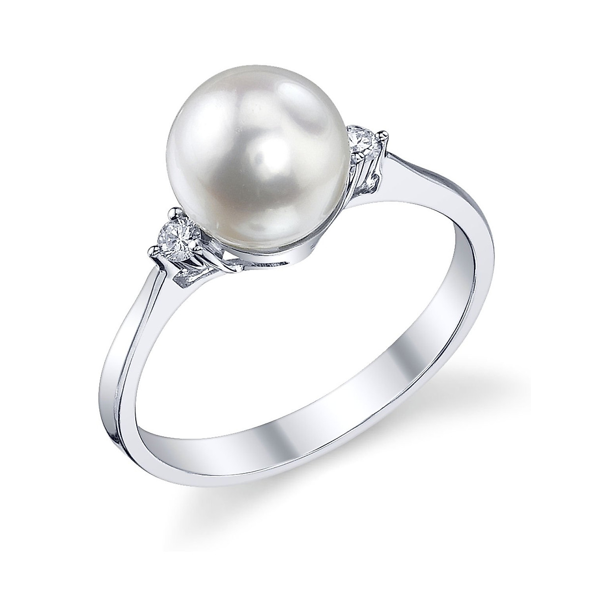 The Pearl Source White Akoya Cultured Pearl Ring for Women with Diamonds and 14K Gold