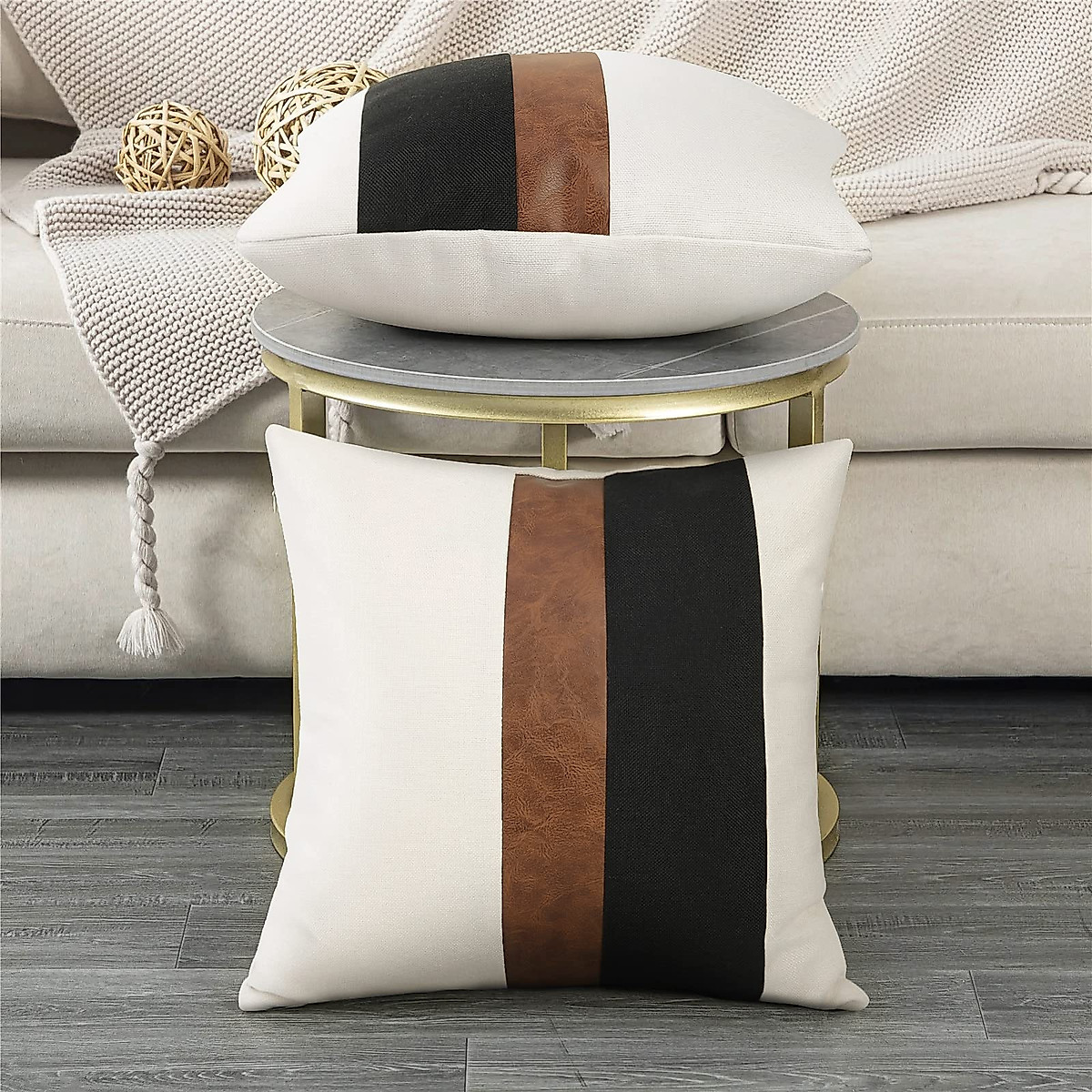 Merrycolor Faux Leather and Linen Throw Pillow Covers Black and White Pillows Decorative Throw Pillows Covers Brown Square Modern Farmhouse Accent Pillow Case 18 x 18 Inch (Black and White)