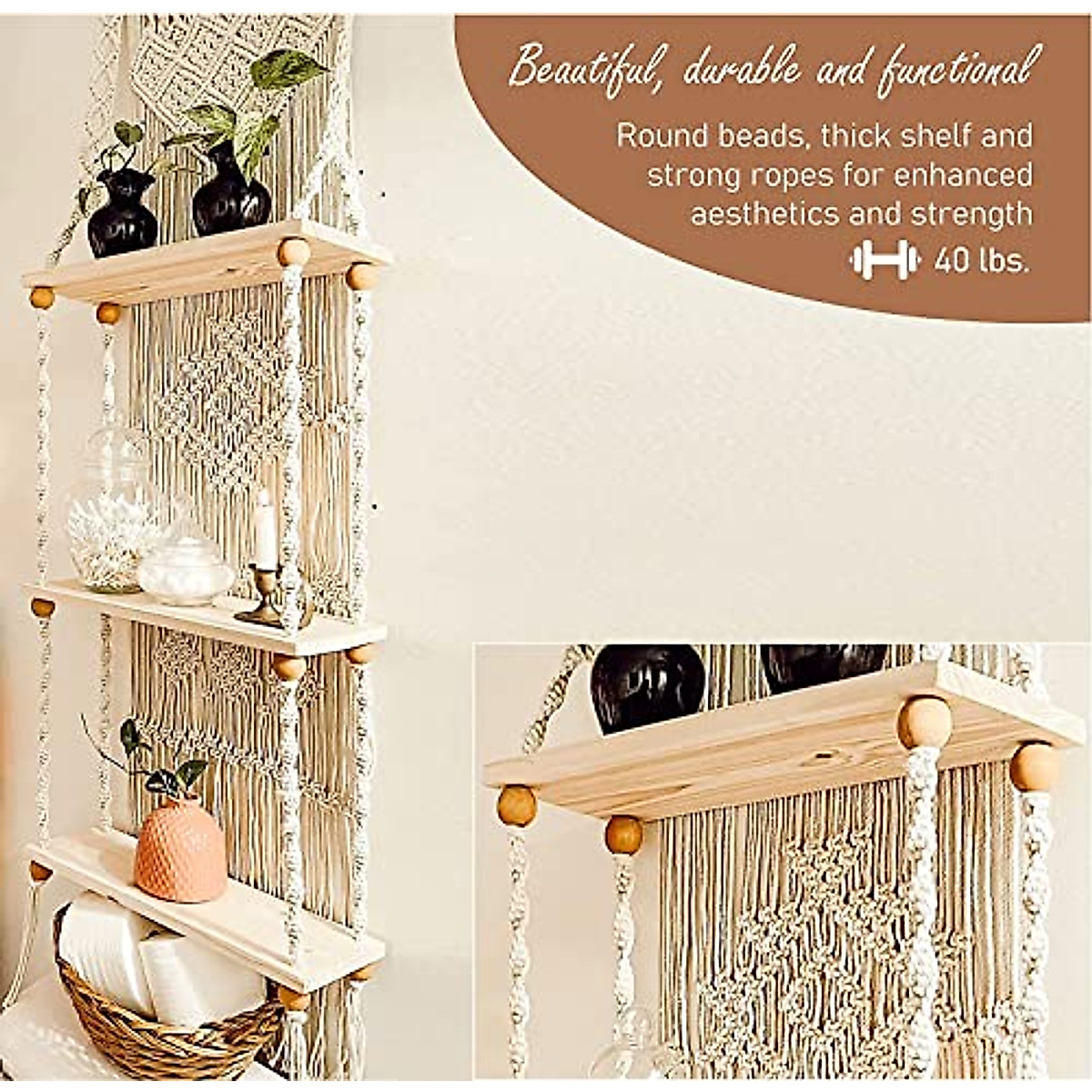 Induslyfe Tier 3 Tier 2 Macrame Wall Hanging Shelf Rack for Hanging Wall Decor Boho Shelf Wall Decor Plant Shelf, Boho White Hanging Shelf Woven Rope for Bedroom, Book