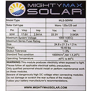 Mighty Max Battery 50 Watt Monocrystalline Solar Panel