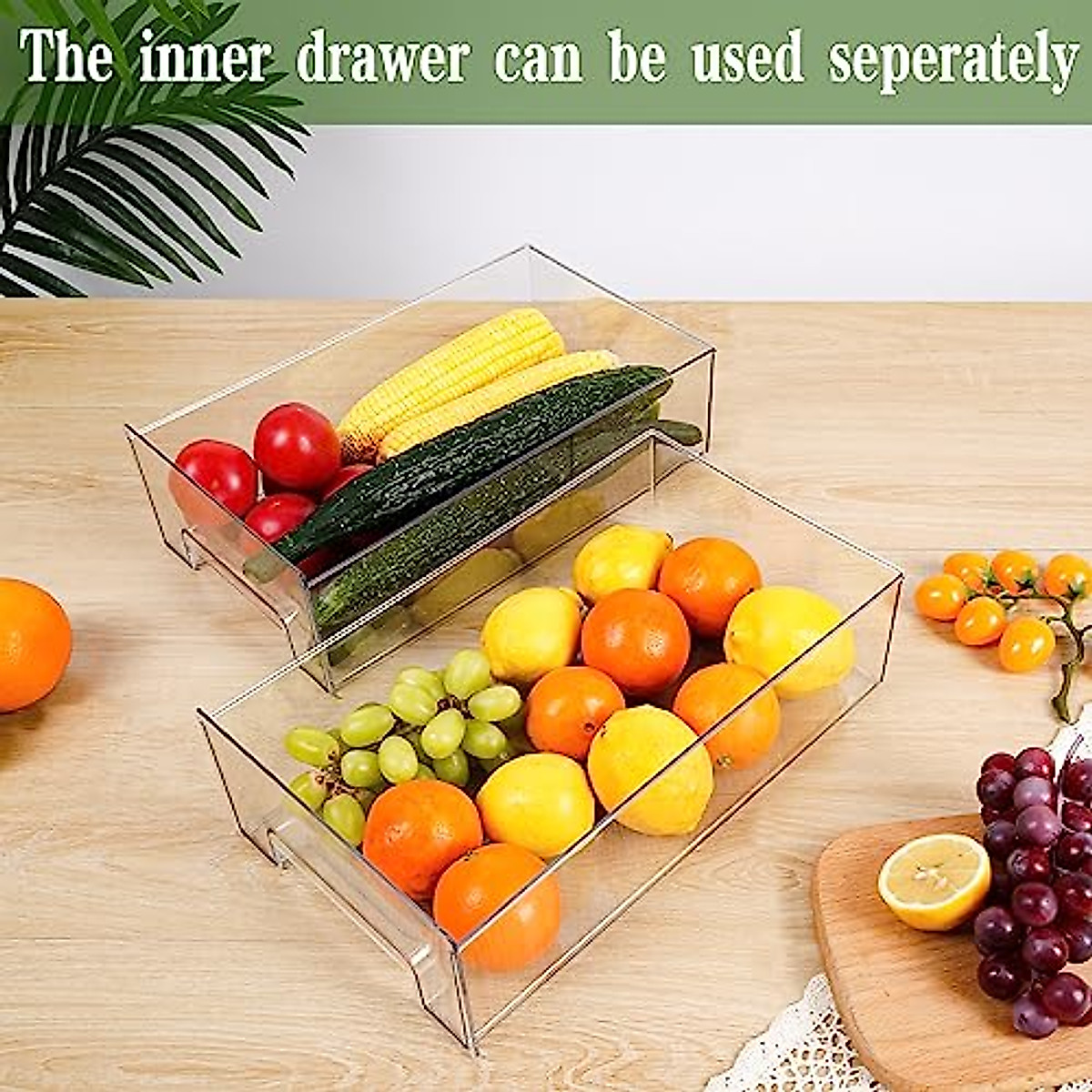 Totexil Fridge Drawers, 2 Pack Clear Stackable Pull Out Refrigerator Organizer Bins, BPA-Free Plastic Pantry Organization and Storage, Clear Storage Bins with Drawers for Kitchen Cabinet Office(Large)