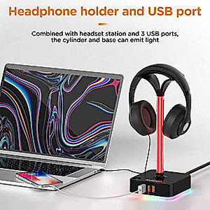 Headphone Stand-Headset Holder--RGB Gaming Headset Stand with 3USB Charging Port and 2 Prong AC Outlet Power Strips, 8 Light Modes and Non-Slip Rubber Base, Gamers Desktop Game Earphone Accessories.