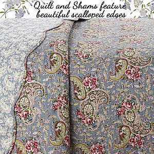 Cozy Line Home Fashions Cottage French Floral Country 100% Cotton Reversible Bedding Quilt Set, Bedspread, Coverlet (Provence Garden, Queen - 3 Piece)