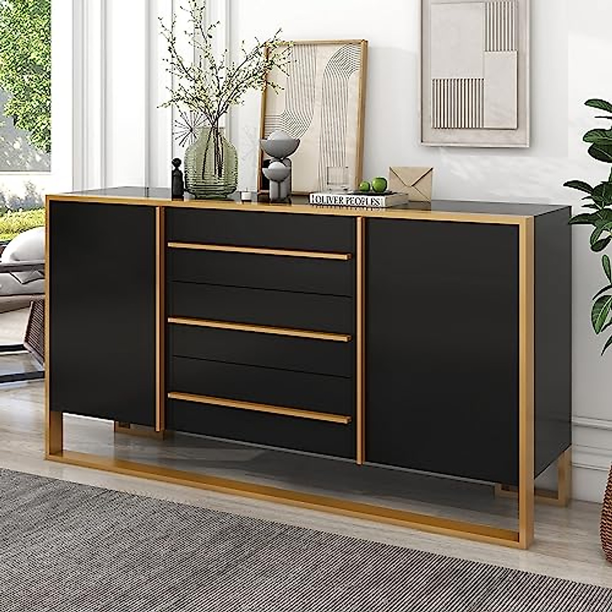 WADRI 59" Sideboard with 3 Drawers and 2 Cabinets, Wood Accent Storage Cabinet with Adjustable Shelves and Gold Metal Legs, Cabinet Console Table for Living Room, Home Office (Black + MDF-A46)