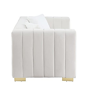 kevinplus 62.6'' Loveseat Chesterfield Sofa Couch for Living Room, Velvet Modern 2-Seat Upholstered Sofa Couch for Apartment Bedroom Dorm Office, Strong Gold Metal Legs, 2 Pillows, White
