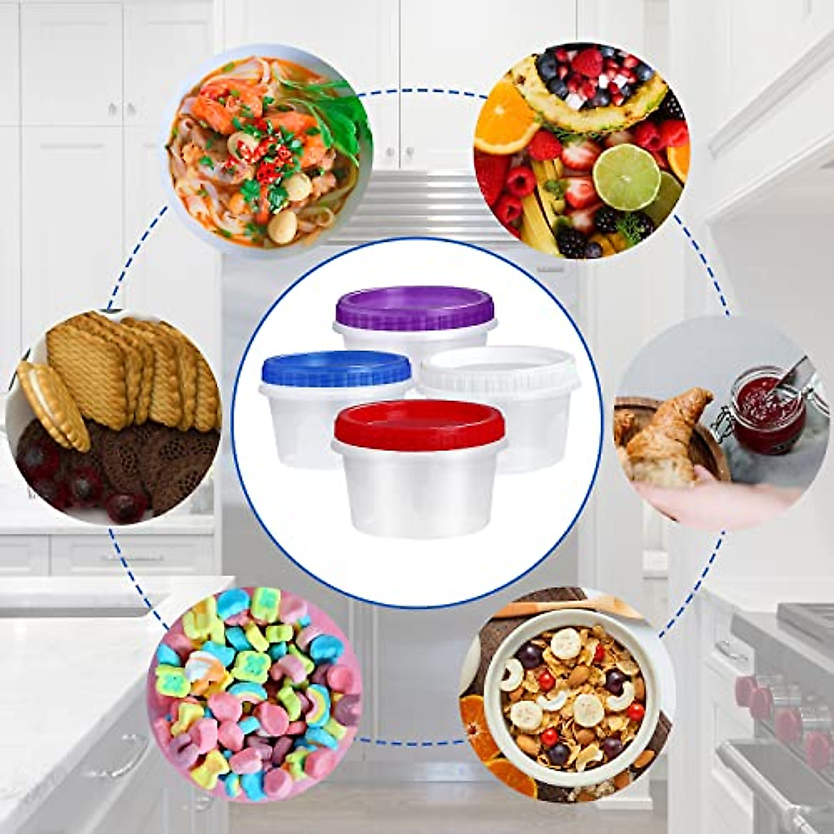 24 Pack 16oz Twist Top Containers with 2 Rolls Freezer Labels Twist Cap Deli Containers Porridge Dessert Containers with Screw Lids 4 Color Small Top Screw on Lids Jam Containers for Snacks Fruit Leftovers