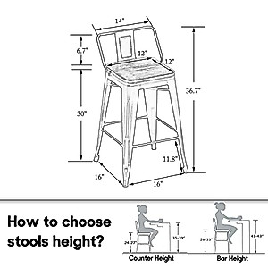 HAOBO Home 30" Low Back Barstools Metal Stool with Wooden Seat [Set of 4] Counter Height Bar Stools, Matte Black