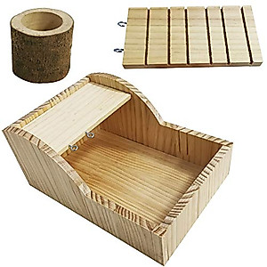 PINVNBY Hamster Sand Bath Box Wooden Shower House Chinchilla Digging Sand Bathtub with Climbing Ladder Bowl for Dwarf Syrian Mice Mouse Gerbils and Other Small Animals