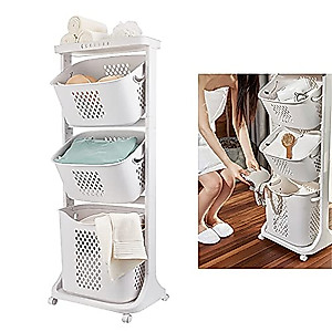 3 Tier Laundry Basket Clothes Storage Basket Rolling Washing Hamper with Wheel Dirty Clothes Basket Multi-layer Clothes Storage Basket Sorter for Kitchen Bedroom Bathroom