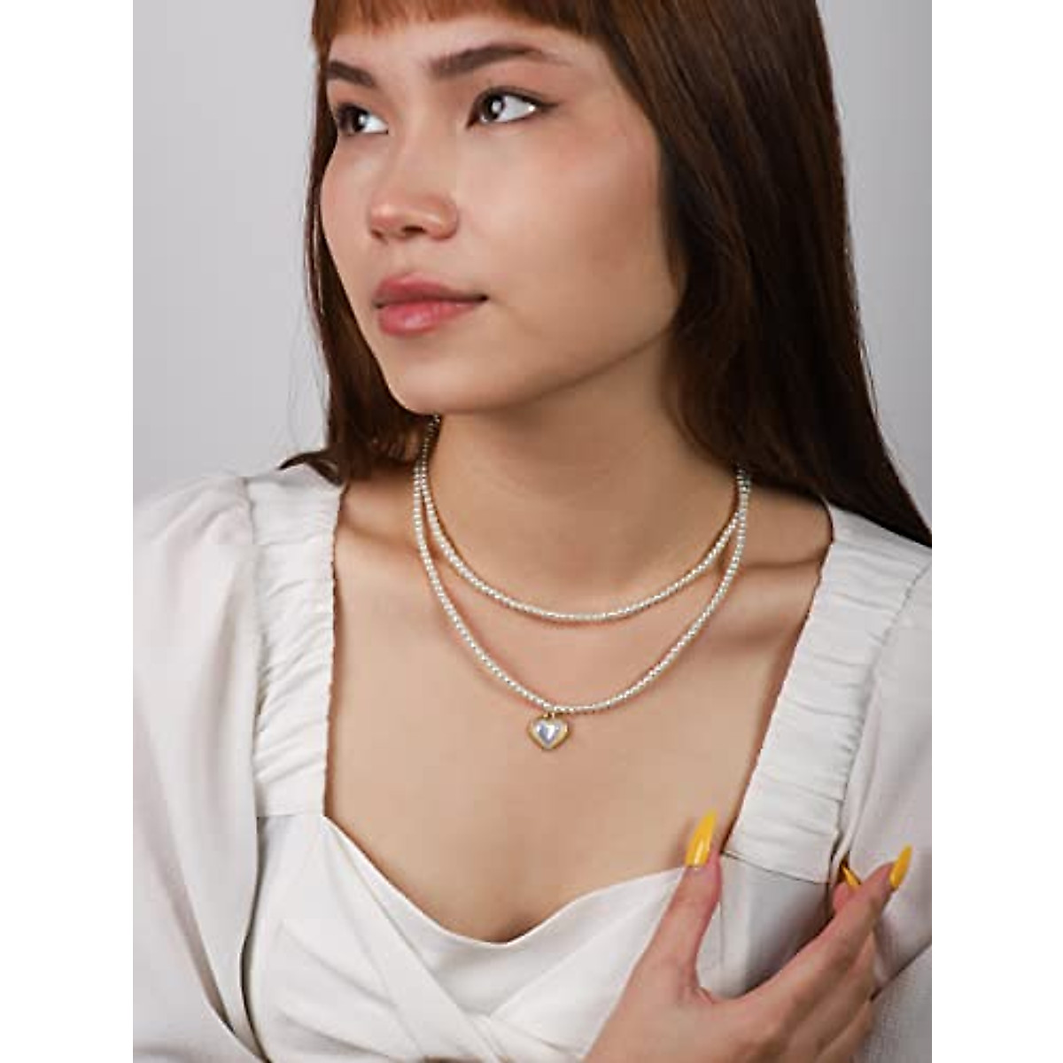 OJERRY Simple Y2K Layered Heart Pearl Choker Necklaces Coquette Aesthetic Jewelry for Women Trendy, Dainty Faux Pearl Choker Necklace for Women