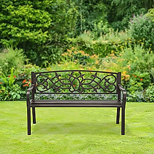 Outogether Steel Bench Metal Bench for Outdoor, Garden Bench for Patio Porch Backyard, Floral Design Backrest Slatted Seat (Brown)