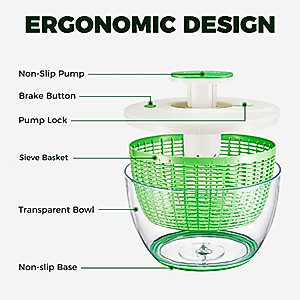 KucheCraft Salad Spinner Large 6.3 Qt, Manual Lettuce Spinner for Vegetable Prepping, One-Handed Pump Fruit Spinner Dryer with Bowl and Colander, Dishwasher Safe Veggie Fruit Washer Spinner-Green